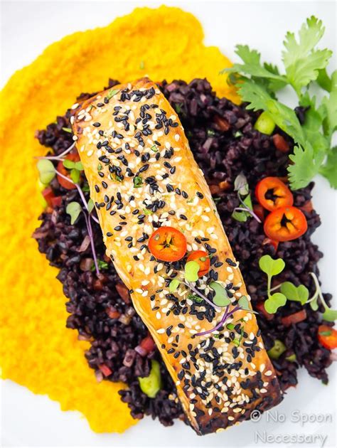 Honey Sesame Salmon With Asian Black Rice Salad And Carrot Ginger Sauce