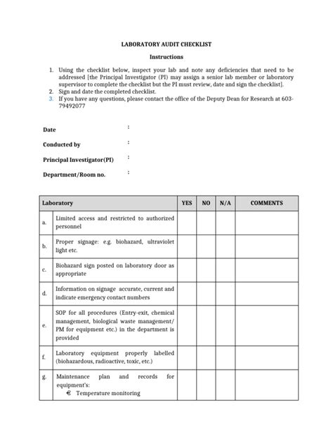 Laboratory Audit Checklist Pdf
