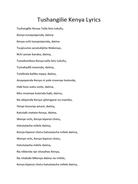 Tushangilie Kenya Lyrics Pdf