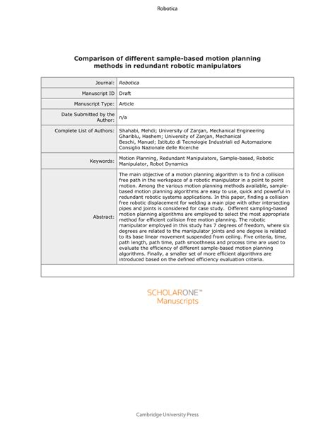 Pdf Comparison Of Different Sample Based Motion Planning Methods In Redundant Robotic Manipulators