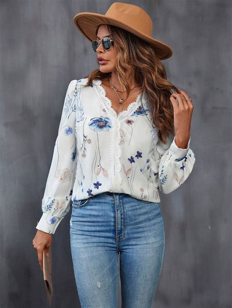 Shein Lune Floral Print Guipure Lace Trim Lantern Sleeve Blouse Shein Usa