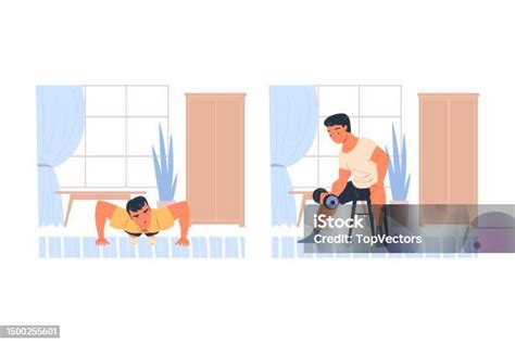 널빤지와 덤벨 벡터 세트에서 집에서 스포츠를 하는 남자 캐릭터 가정 생활에 대한 스톡 벡터 아트 및 기타 이미지 가정 생활