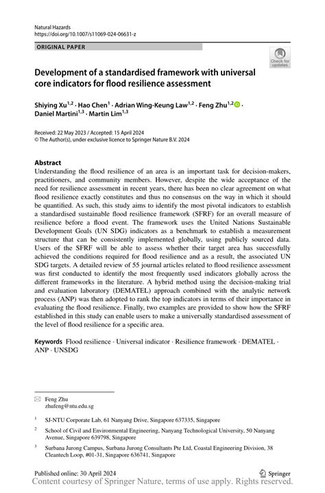 Development Of A Standardised Framework With Universal Core Indicators For Flood Resilience