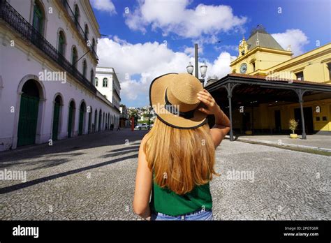 Tourism In Santos Brazil Young Traveler Girl Walking Between The