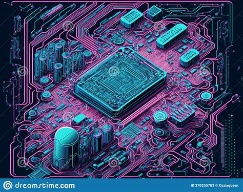 Circuit Board Background Blue And Pink Colors Microprocessor Close Up