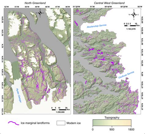 examples of mapped ice marginal landforms in two distinct regions