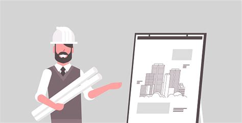 이 젤 보드 패닝 프로젝트 컨셉 하우스 청사진 가로 초상화에 새로운 그림 건물을 보여주는 롤 엔지니어의 청사진을 들고 헬멧에 인간 건축가 직업에 대한 스톡 벡터 아트 및