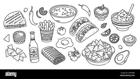Trendy Mexican Food Line Art Black And White Line Art Vector Hand