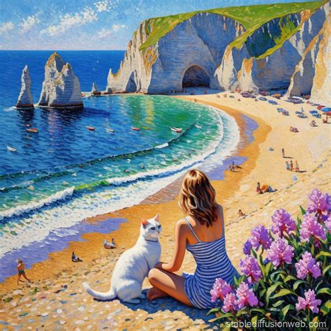 Pointillism Beach Scene With Cat Stable Diffusion Online