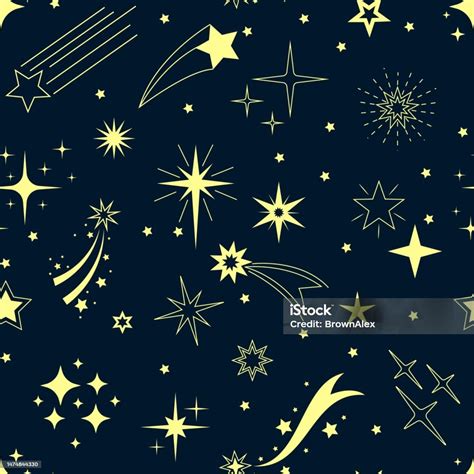 별이 빛나는 밤 패턴 슈팅 스타와 떨어지는 혜성 우주 풍경이있는 밤하늘로 매끄럽게 인쇄하십시오 벡터 텍스처 Starburst Bush에 대한 스톡 벡터 아트 및 기타 이미지
