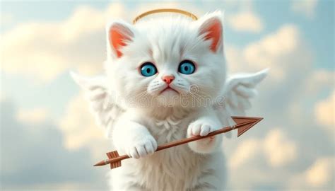 White Kitten With An Angelic Appearance Holding A Wooden Arrow Stock Image Image Of Portrait