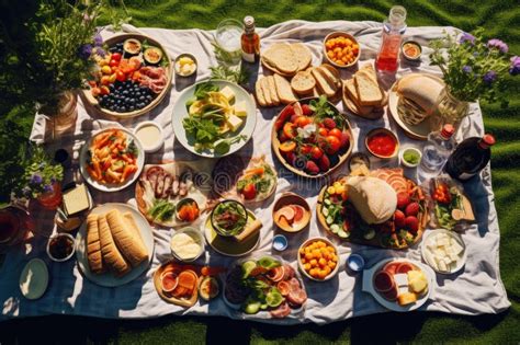 An Overhead Shot Of A Picnic Blanket Spread With Delicious Food On A