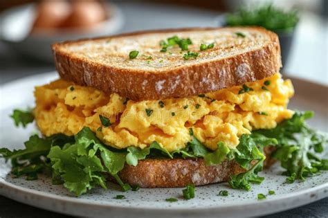 Delicious Scrambled Eggs Sandwich With Toasted Bread And Greens For