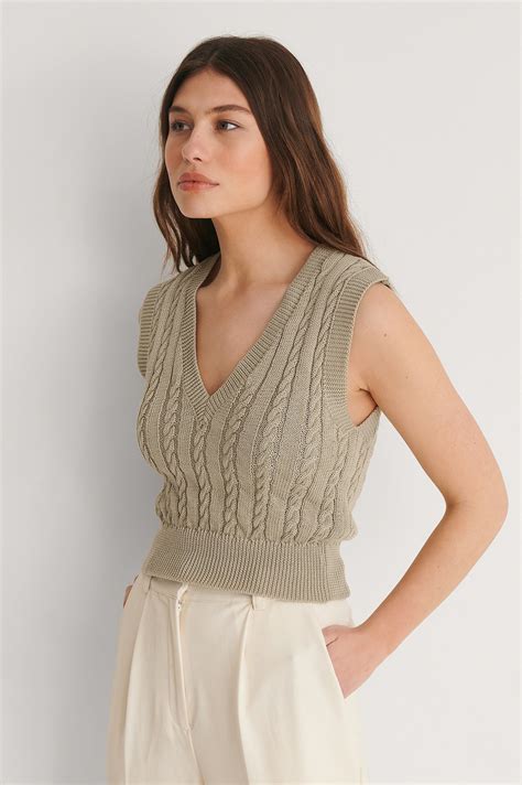 Cropped V Neck Cable Knitted Vest Beige Na