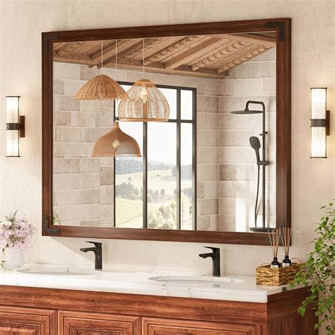 Tetote 48 X 36 Walnut Wood Framed Mirror For Bathroom Wall