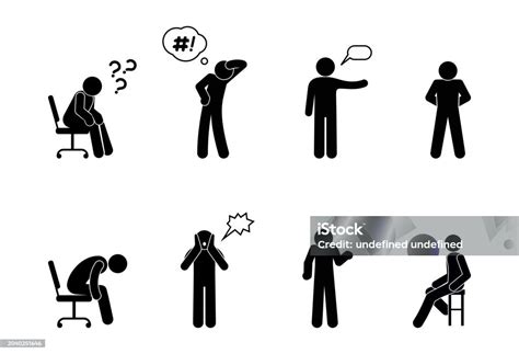 막대기 그림 남자 아이콘 사람들 세트 서있는 앉아있는 인간의 실루엣 포즈 와 몸짓 가지 식물 부위에 대한 스톡 벡터 아트 및