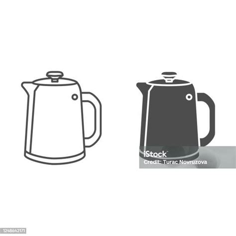 차 라인과 단단한 아이콘을위한 빈티지 주전자 주방 용품 개념 흰색 배경에 직선 모양의 주전자 기호 모바일 및 웹 디자인을위한 윤곽 스타일 키친 차 메이커 아이콘 벡터 그래픽