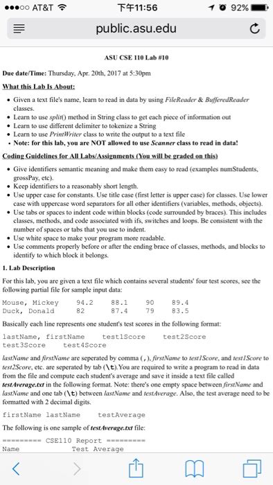 Solved T 11 56 Oo AT T 92 Public Asu Edu ASU CSE 110 Lab 10 Chegg