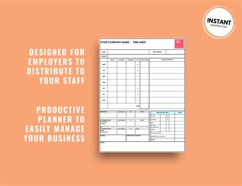 Printable Excel Timesheet Template Excel Or Pdf Business Time Sheet Timesheet Tracker