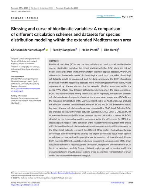 Pdf Blessing And Curse Of Bioclimatic Variables A Comparison Of Different Calculation Schemes