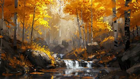 Illustration Of An Autumn Forest With Yellow Trees Rocks And Stream