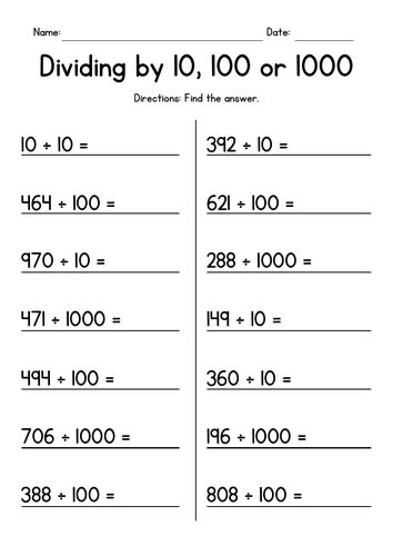 Dividing Whole Numbers By 10 100 Or 1 000 Teaching Resources
