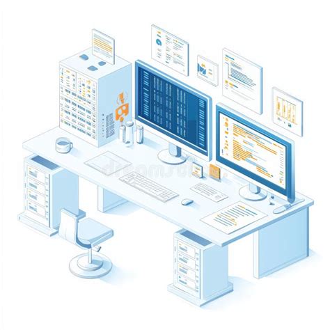 Efficient Data Processing Desk With Dual Monitors And Server Setup