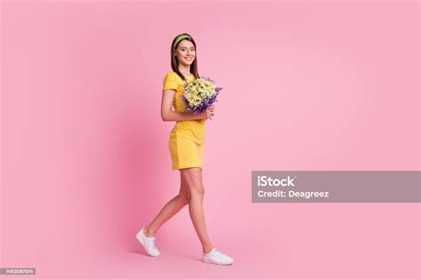 핑크색 배경 위에 고립 된 로맨스 꽃을 손에 들고 사랑스러운 쾌활한 소녀의 전체 길이 신체 크기 프로필 측면보기 갈색 머리에