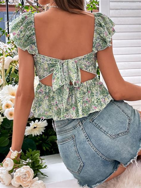 Allover Floral Print Ruffle Trim Backless Knot Blouse Blusas