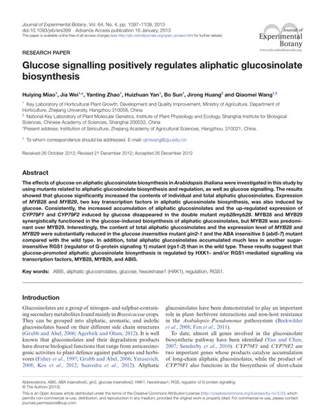 Pdf Glucose Signalling Positively Regulates Aliphatic Glucosinolate Biosynthesis