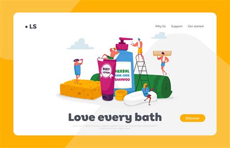 욕실 방문 페이지 템플릿에 있는 사용자입니다 작은 문자 세척 및 거대한 화장품 병 비누 샴푸 스폰지 및 기타 도구 중 목욕을 복용 스파 위생 절차 만화 벡터 일러스트레이션