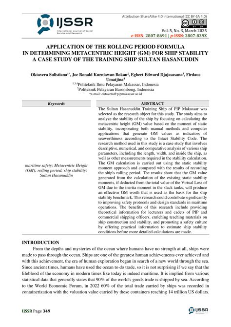 Pdf Application Of The Rolling Period Formula In Determining Metacentric Height Gm For Ship