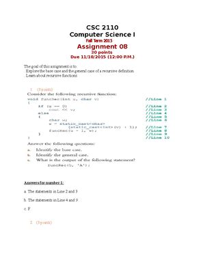 Assignment 4 CSC 2110 Computer Science I Assignment 4 Chapter 14