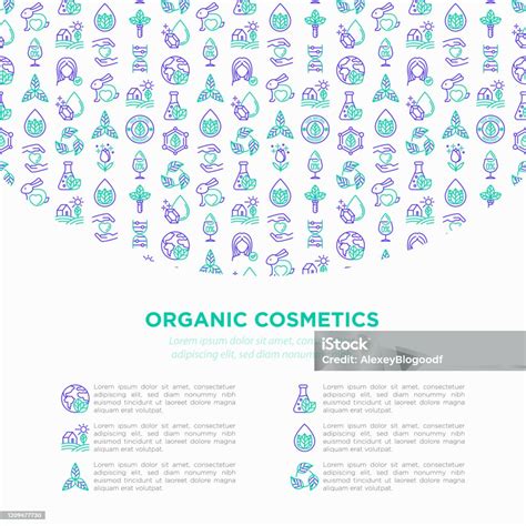 얇은 라인 아이콘 유기농 화장품 개념 잔인한 무료 0 알코올 천연 성분 파라벤 무료 환경 친화적 인 미네랄 오일 없음 비 Gmo 현대 벡터 일러스트레이션 복사 공간이있는