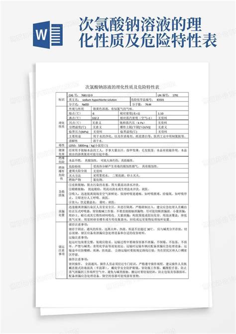 次氯酸钠溶液的理化性质及危险特性表Word模板下载 编号qdgmywvy 熊猫办公