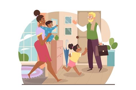 Família Mista Interracial Feliz Mãe Afro Americana Negra E Filhos Recebendo Pai Caucasiano
