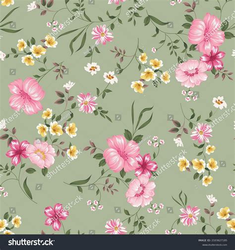 Seamless Vintage Flower Pattern On Green Stock Vector Royalty Free