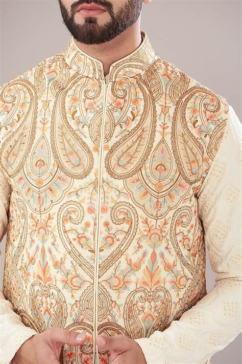 Ivory Georgette Embroidered Nehru Jacket By Kasbah Clothing At Pernias