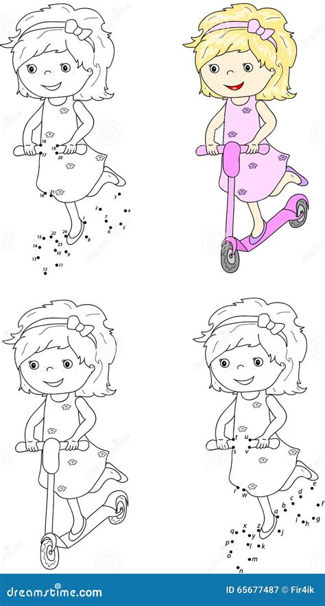 Small Cute Girl Riding A Scooter Vector Illustration Coloring