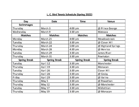 Srench Tennis Words L C Bird Tennis Schedule Spring 2022 Day Date