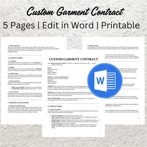 Custom Garment Contract Template Editable Clothing Agreement Word