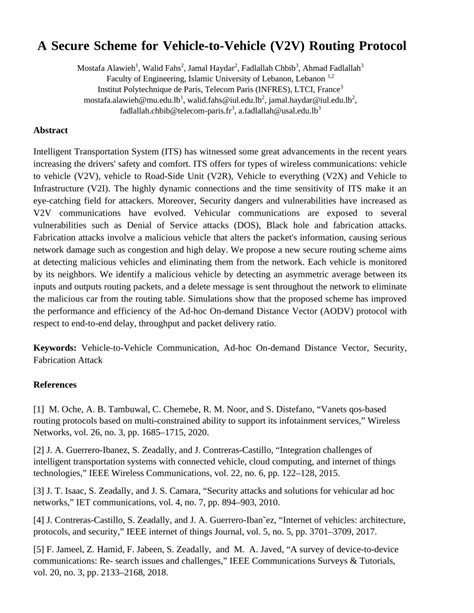 PDF A Secure Scheme For Vehicle To Vehicle V2V Routing Protocol