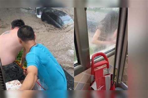 女生被困洪水抱住大树求救楼上阿姨扔下安全绳2大哥合力救起