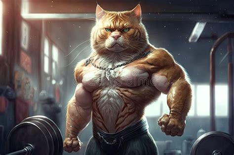 Muscular Cat Athlete Bodybuilder Trains In Gym Generative Ai