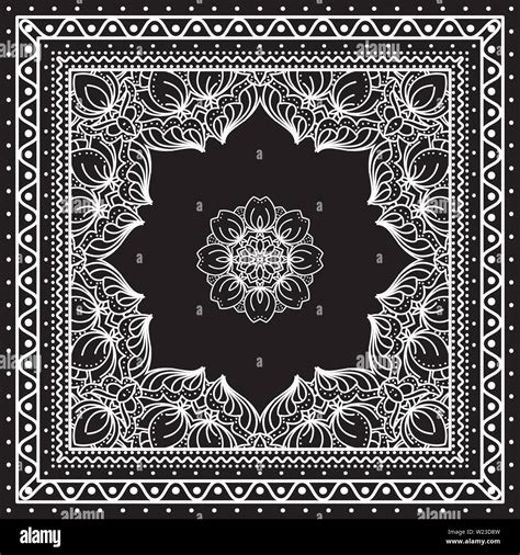 Black And White Bandana Print Design With Borders For Fashion Textile