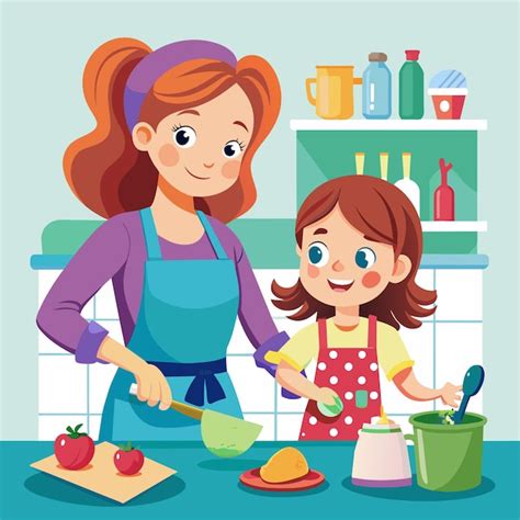 Una Madre Y Una Hija Cocinando En Una Cocina Con Una Estufa Y Una Olla