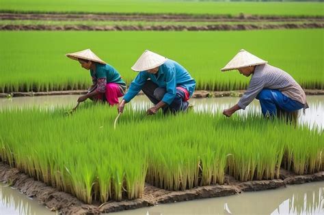Farmers Transplanting Rice Seedlings In Paddy Field Premium Ai