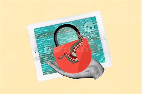 Collage Image Of Black White Effect Arm Hold Lock Tablet Screen Hacker