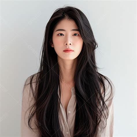 Mulher Coreana Elegante Exibindo Longos Cabelos Negros Em Um Fundo