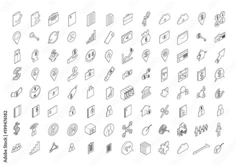 Set Of Business Isometric Thin Line Icon Illustration On White
